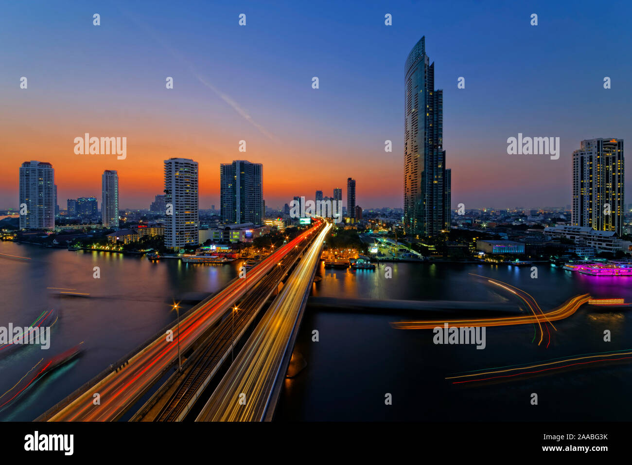 Bangkok River Dusk with Light Trails Stock Photo - Alamy