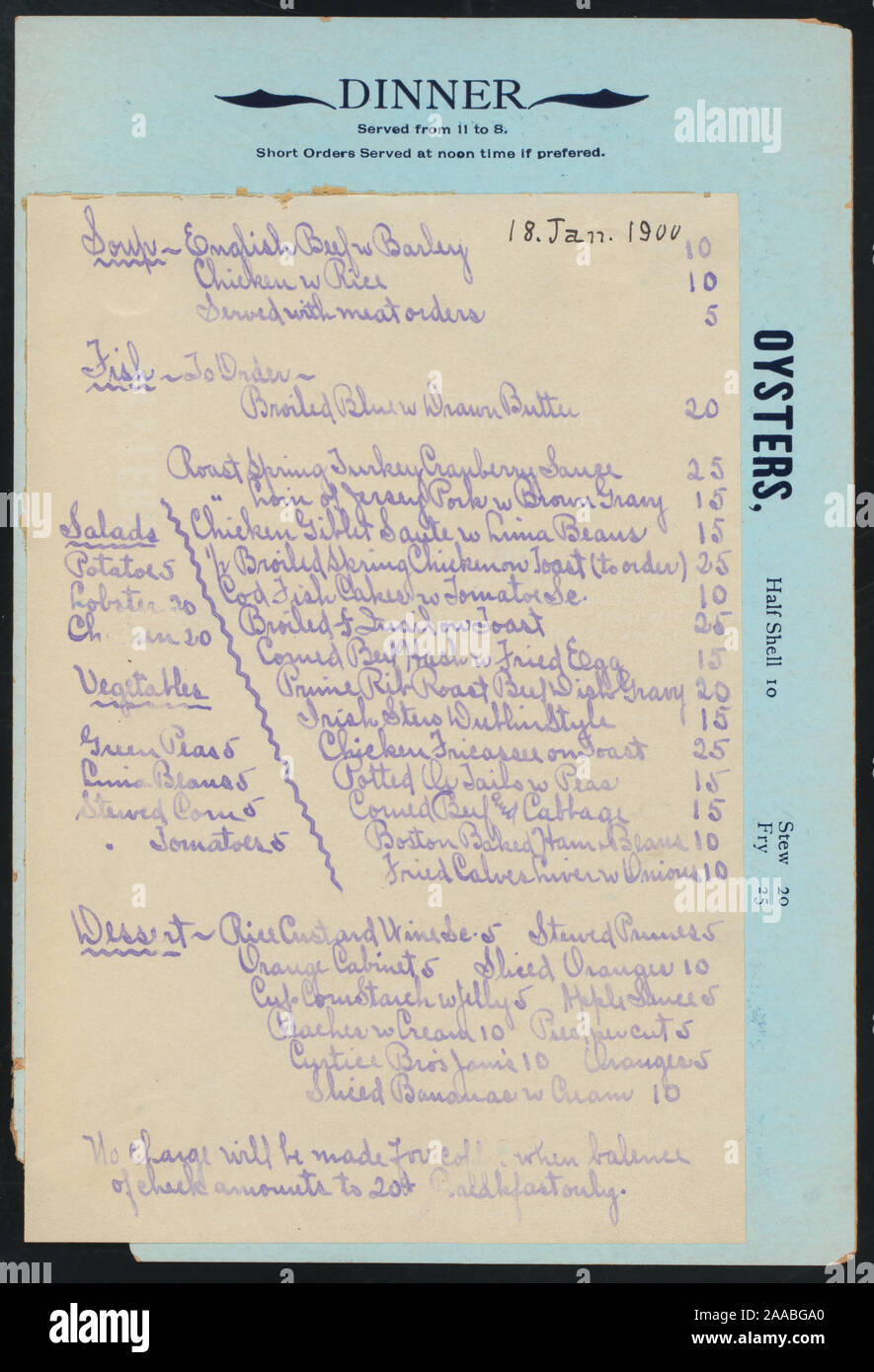 DINNER MENU HANDWRITTEN ON SEPARATE PAGE; OPEN ALL NIGHT; DAILY MENU ...