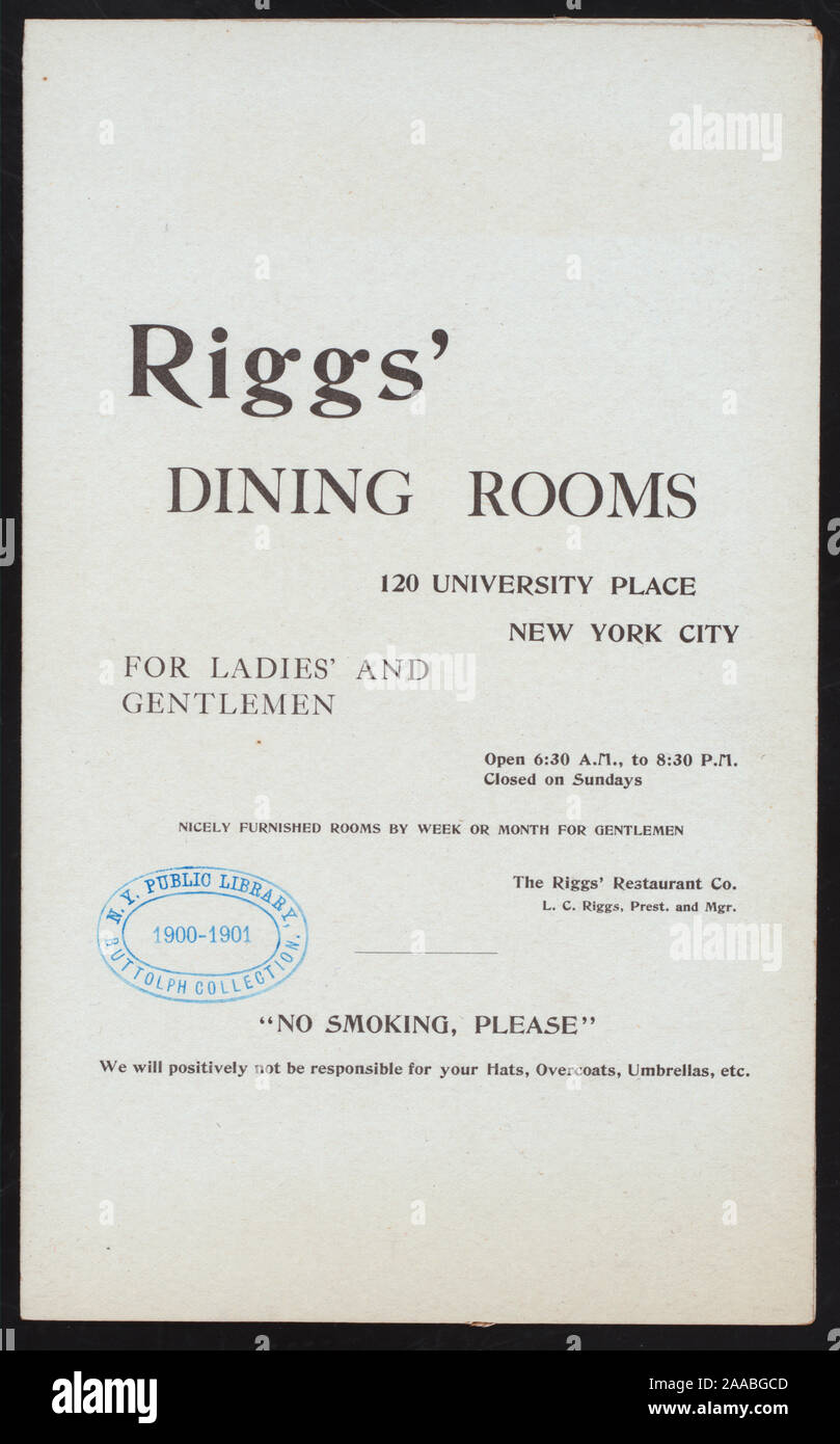 FURNISHED ROOMS AVAILABLE FOR GENTLEMEN; NO SMOKING; DAILY MENU [held ...