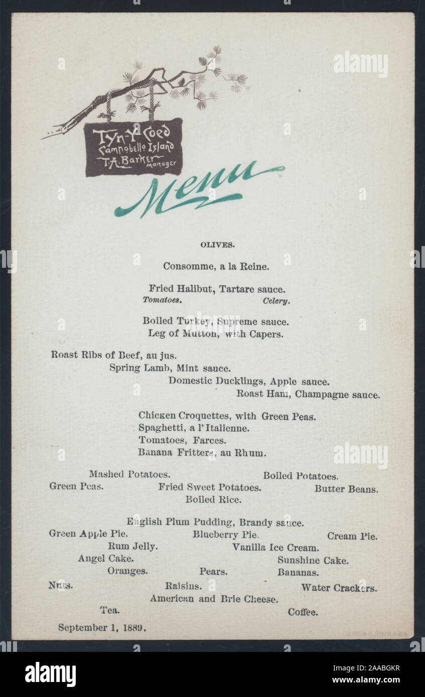 DAILY MENU [held by] TYN-Y-COED [at] CAMPOBELLO ISLAND, (?); DAILY MENU ...