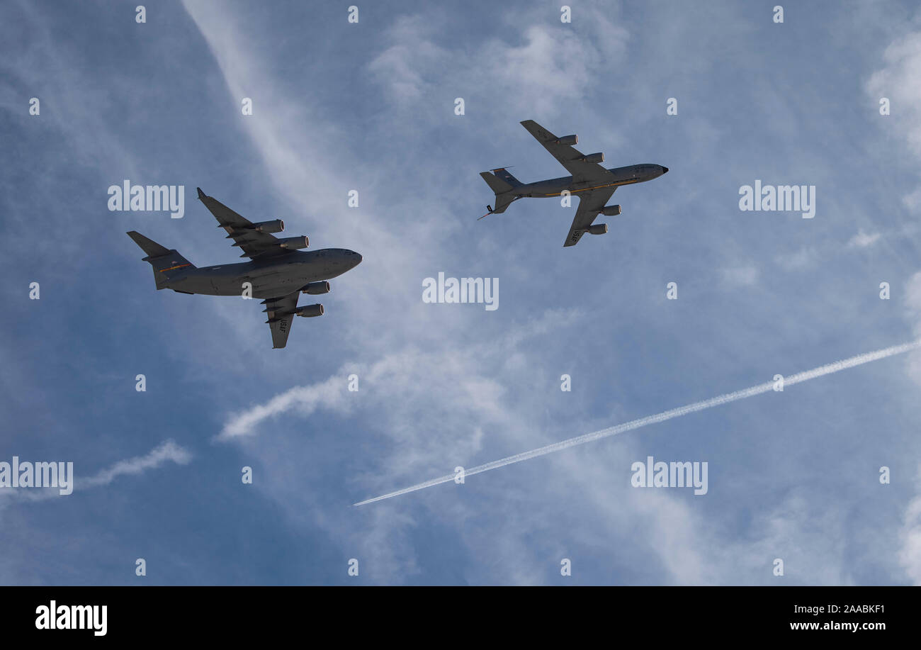 A C-17 Globemaster III and a KC-135 Stratotanker assigned to the 97th ...