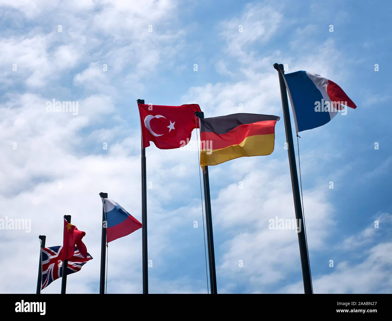 Flags of Great Britain, China, Russia, Turkey, Germany and France ...