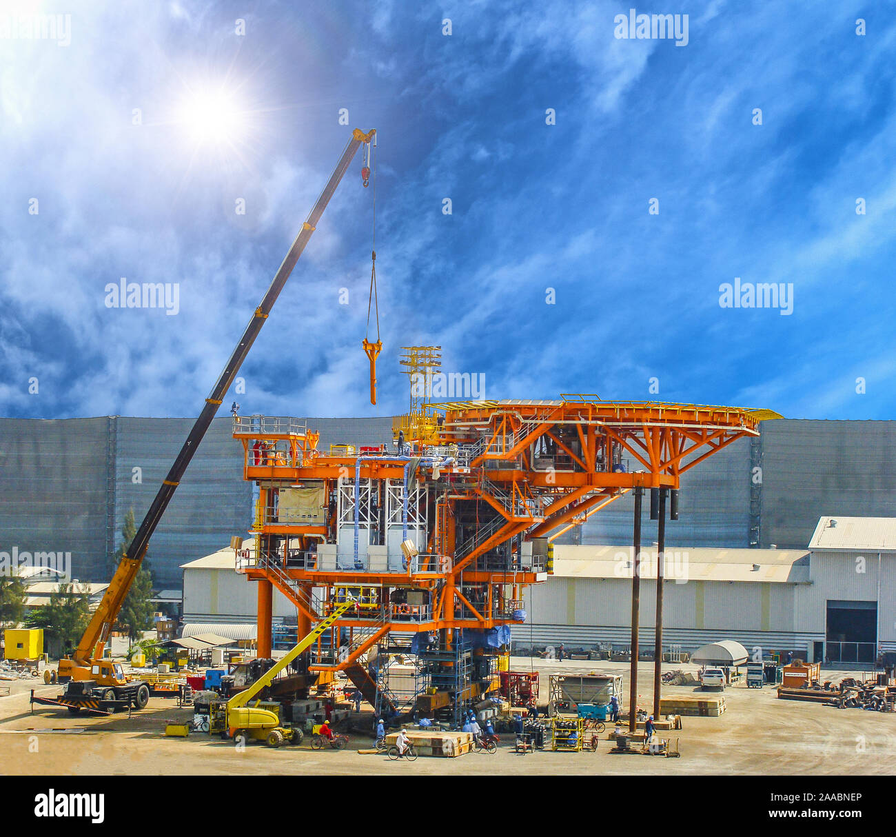 Oil rig platform during construction site in the harbor yard and ...
