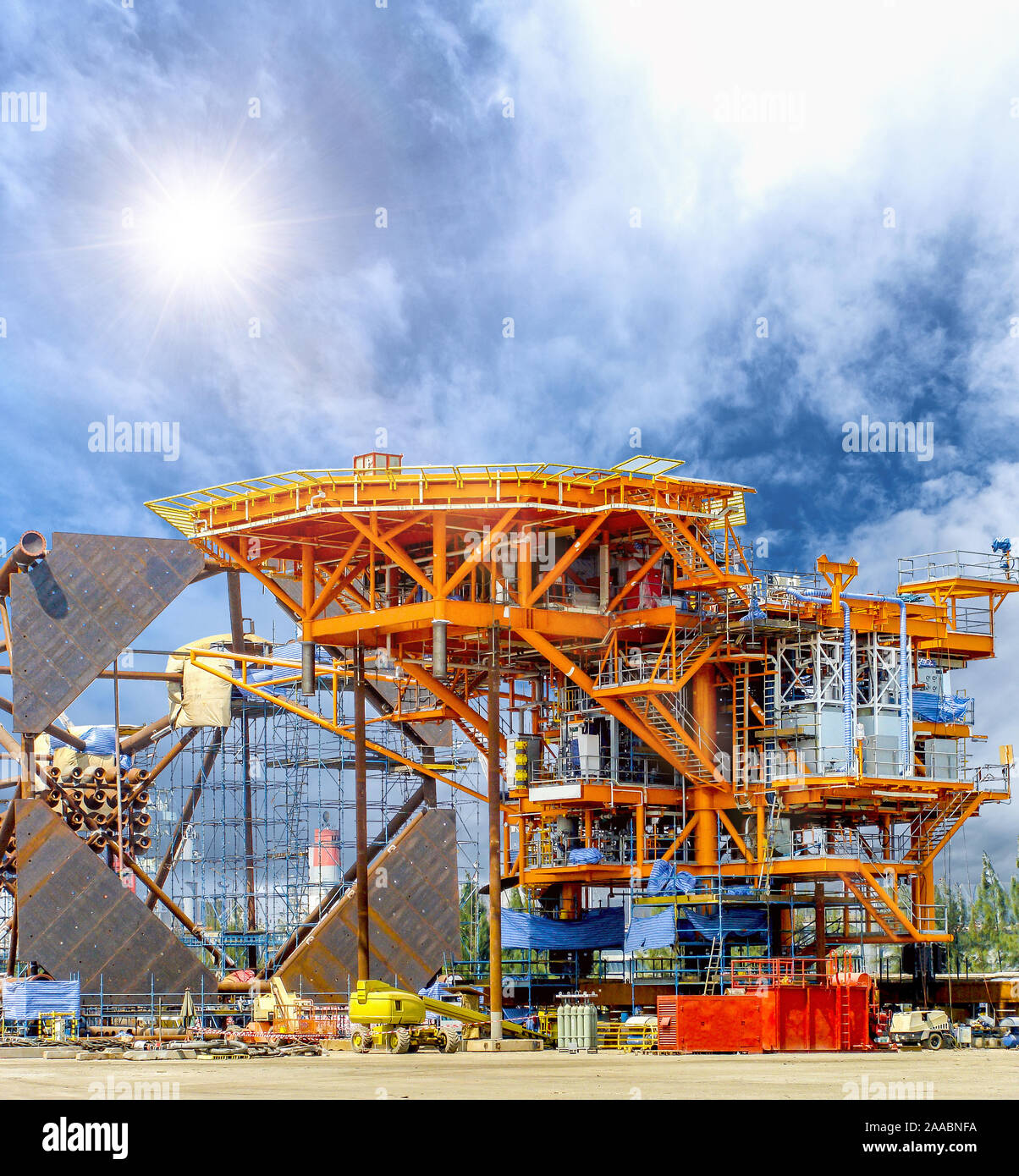 Oil rig platform during construction site in the harbor yard and ...