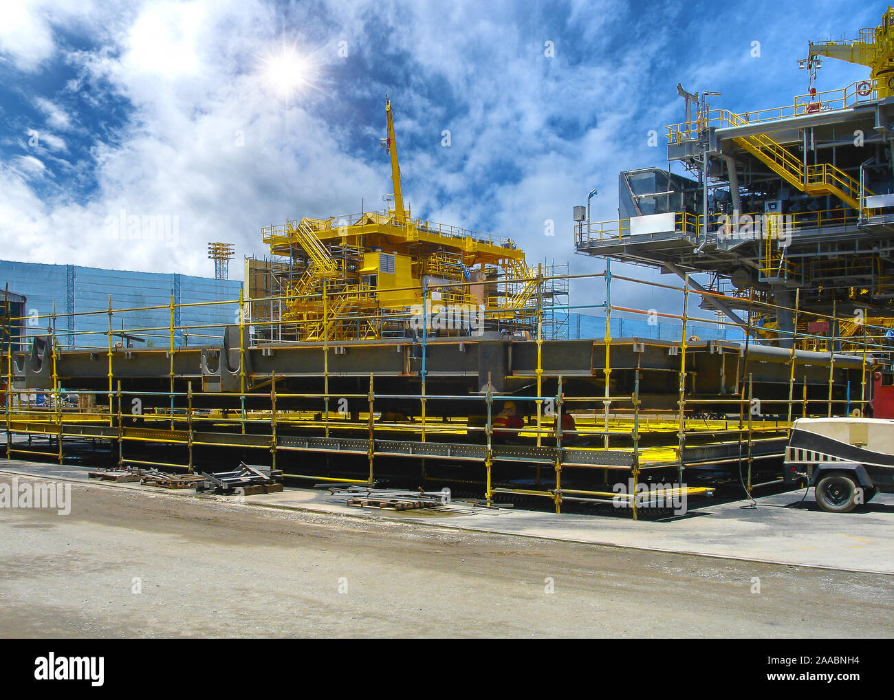 Offshore oil rig platform during construction site in the harbor yard ...