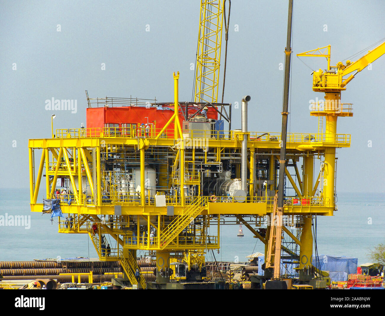 Offshore oil rig platform during construction site in the harbor yard ...