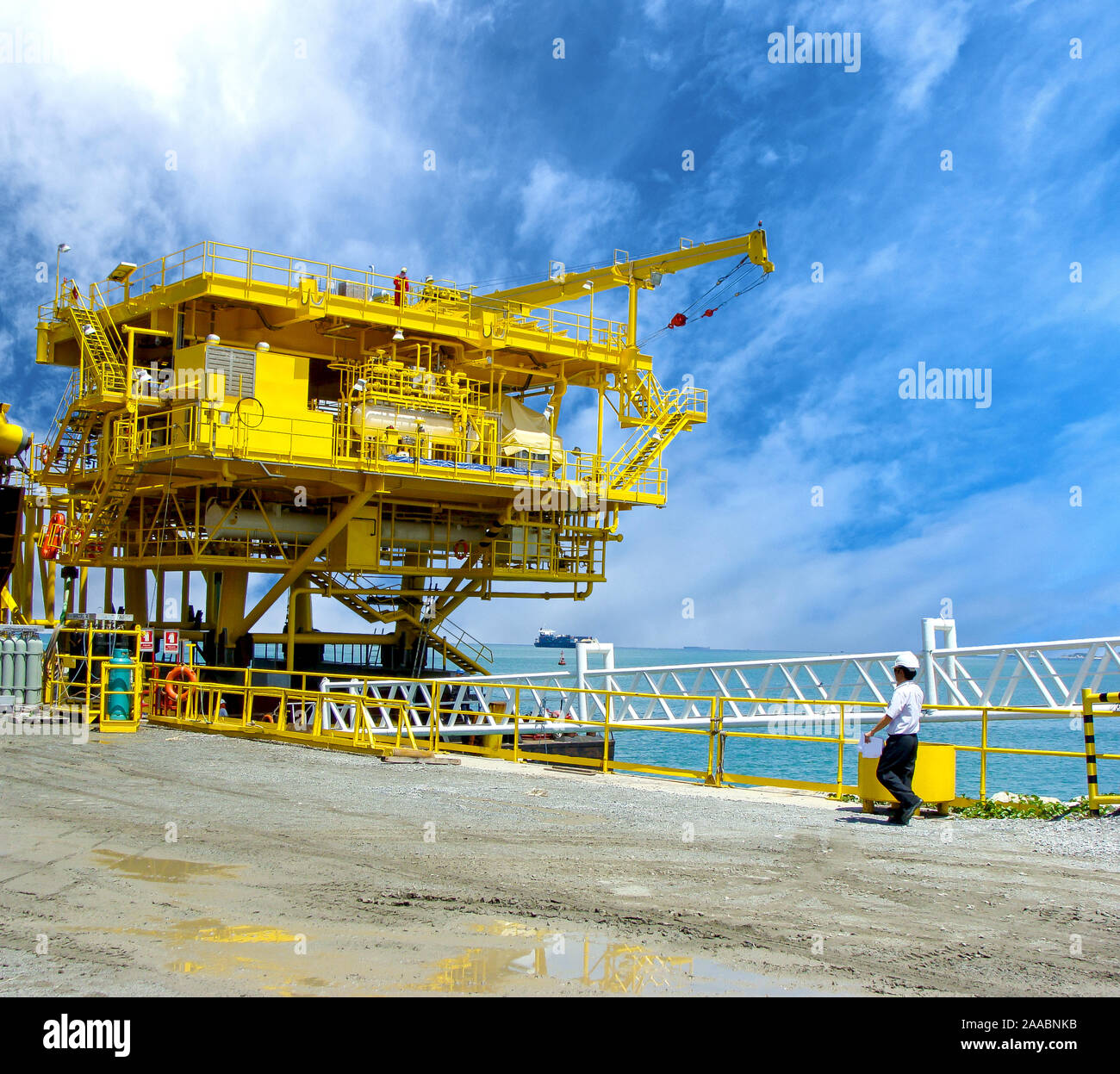 Offshore oil rig platform during construction site in the harbor yard ...