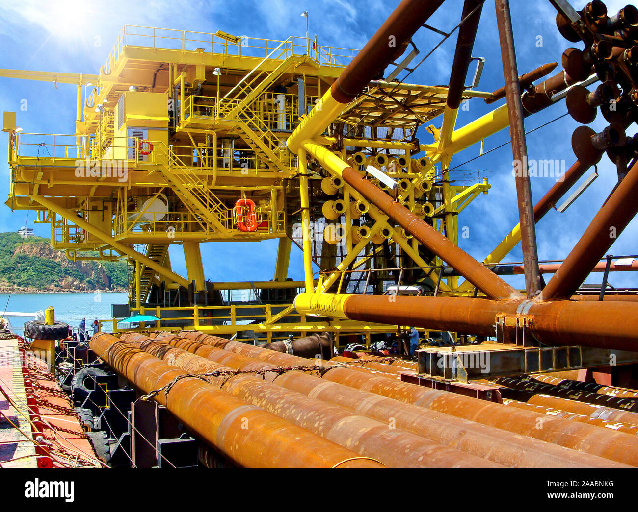Offshore oil rig platform during construction site in the harbor yard ...