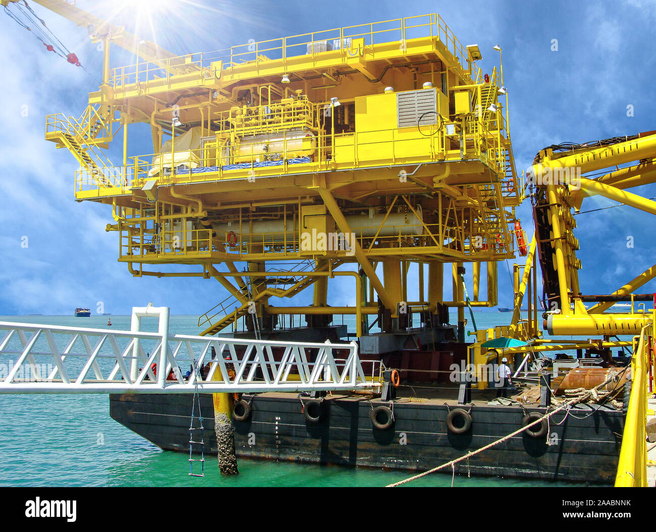 Offshore oil rig platform during construction site in the harbor yard ...