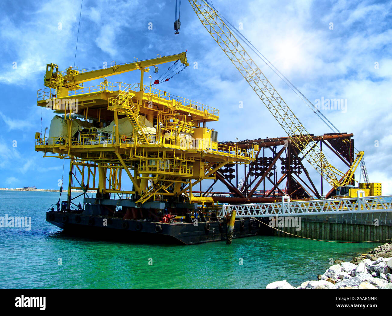 Offshore oil rig platform during construction site in the harbor yard ...