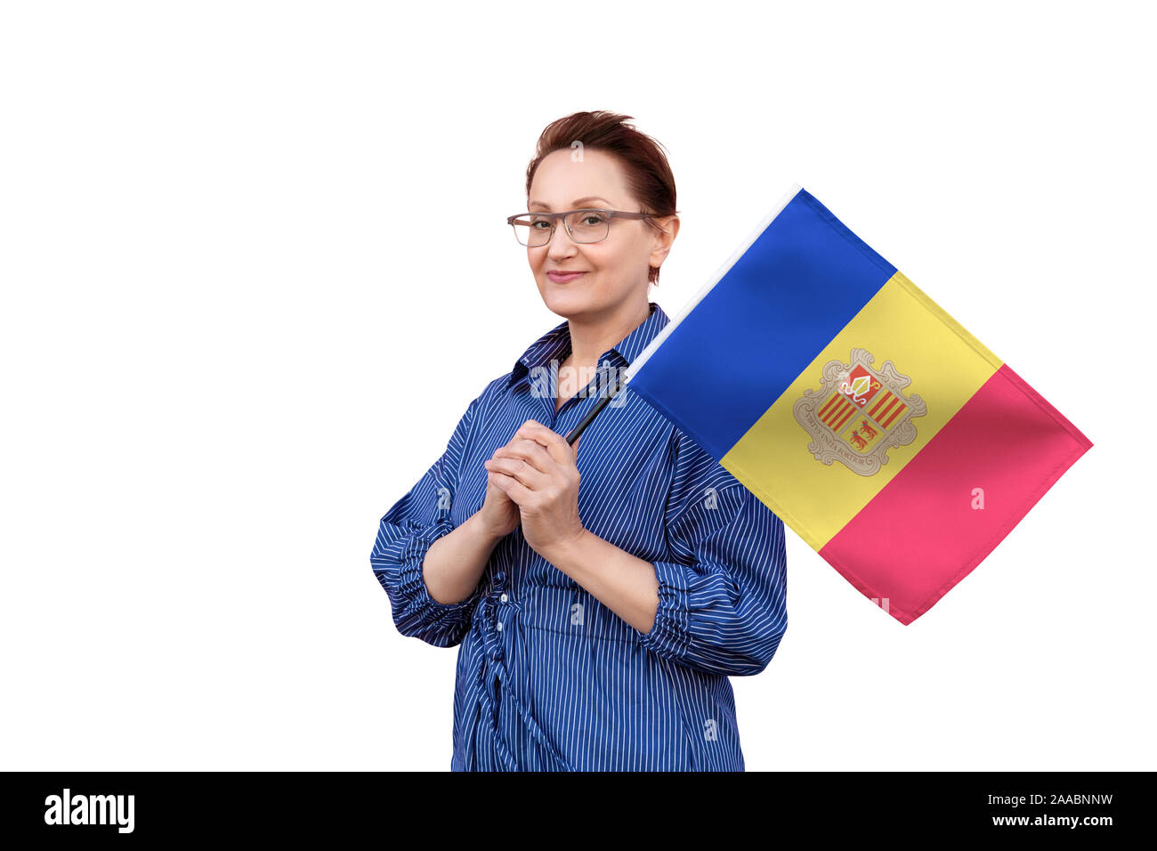 Andorra flag. Woman holding Andorra flag. Nice portrait of middle aged ...