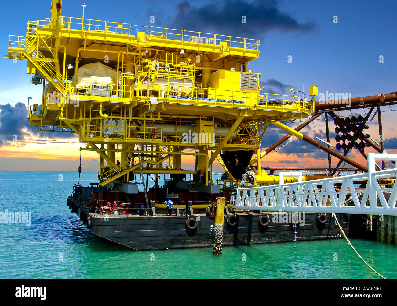 Offshore oil rig platform during construction site in the harbor yard ...