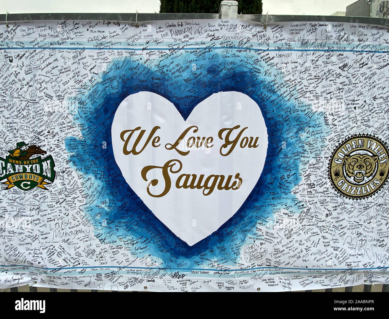 Saugus, United States. 20th Nov, 2019. A banner with the words "We Love ...