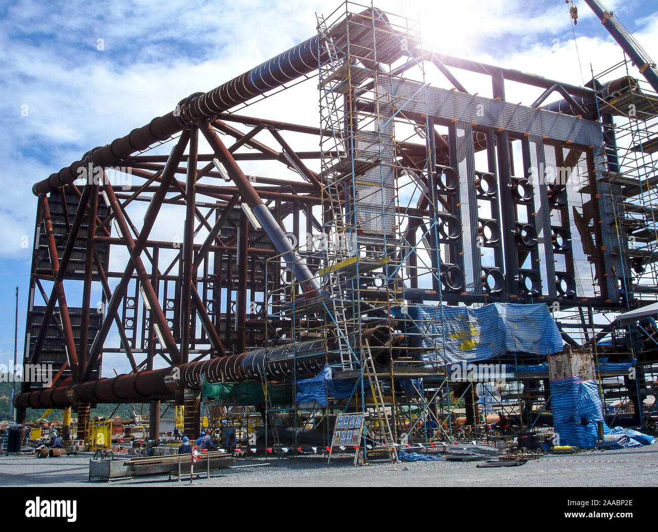 Oil rig platform during construction site in the harbor yard and ...