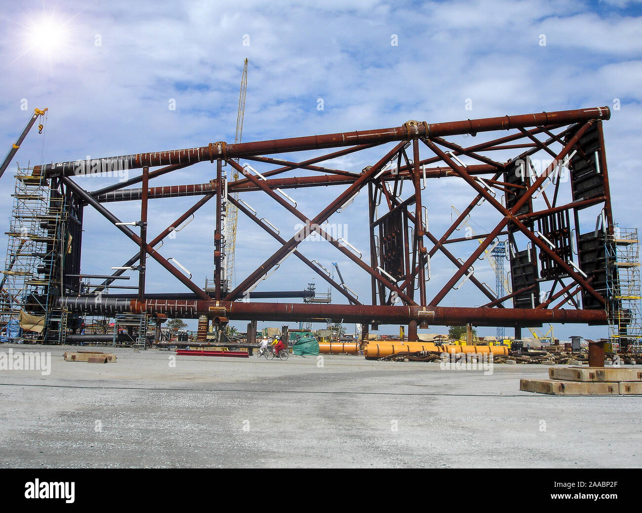 Oil rig platform during construction site in the harbor yard and ...
