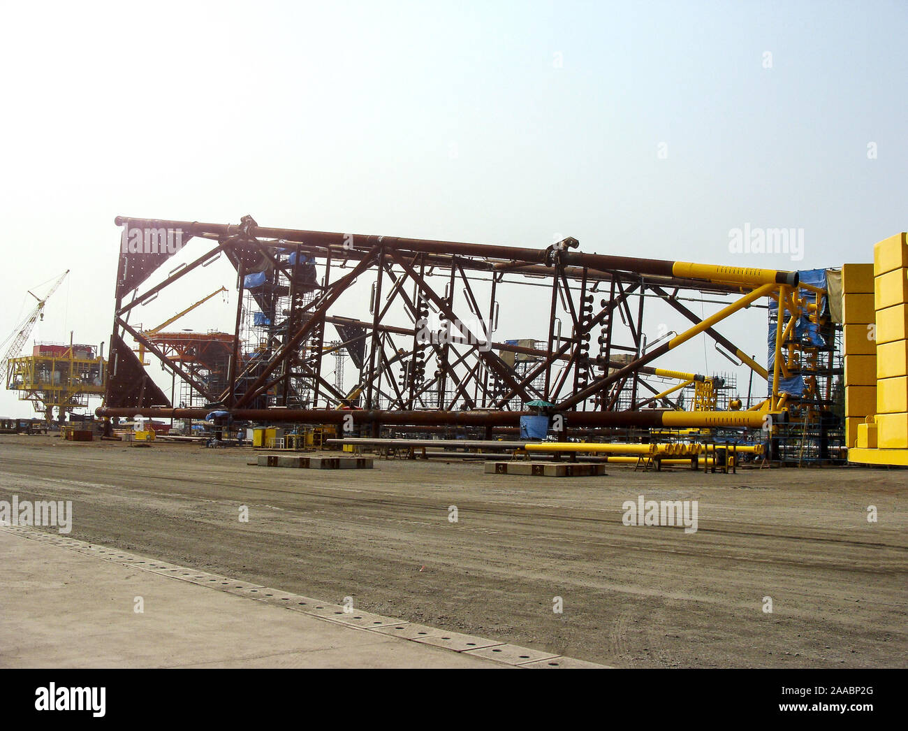 Oil rig platform during construction site in the harbor yard and ...