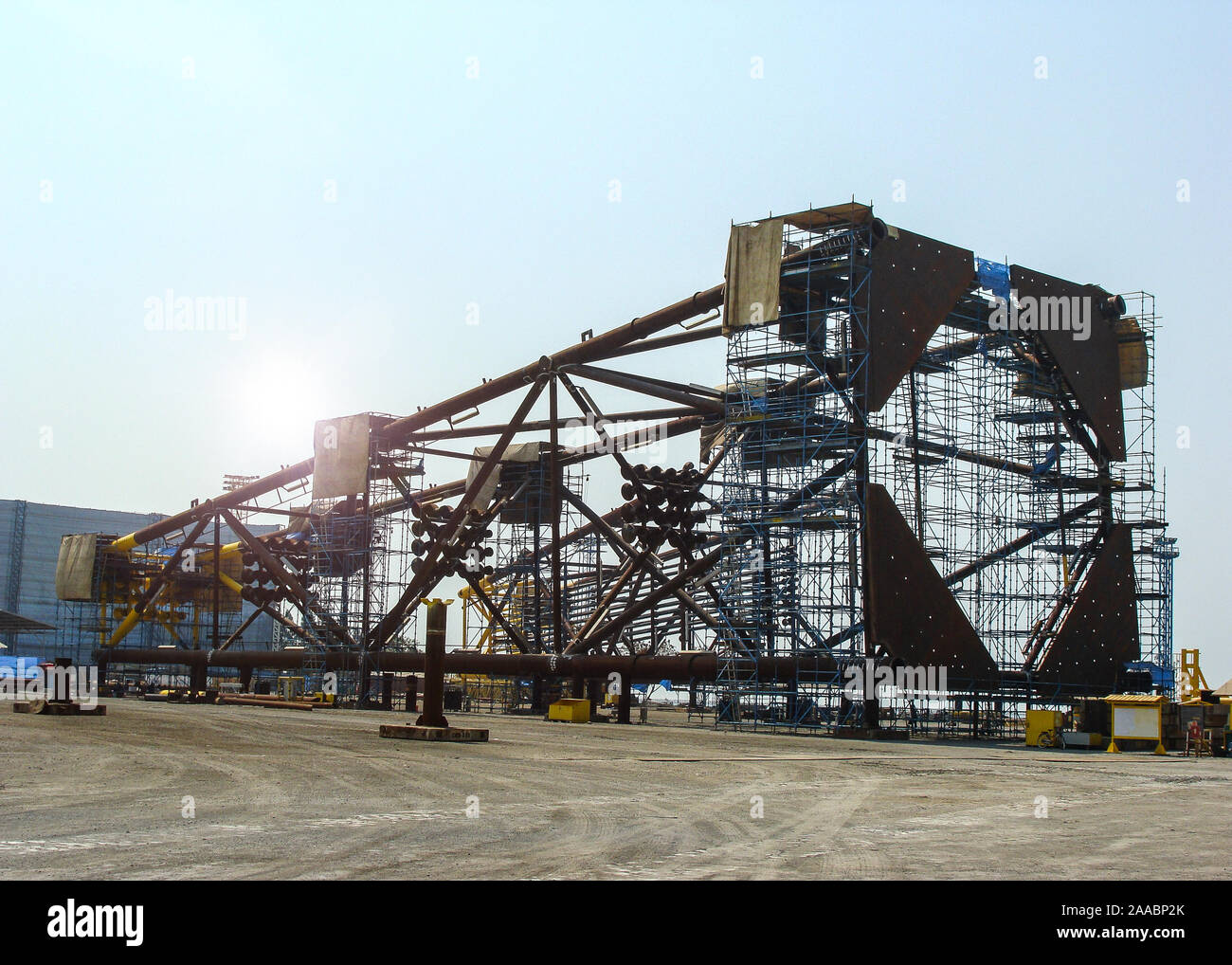 Oil rig platform during construction site in the harbor yard and ...