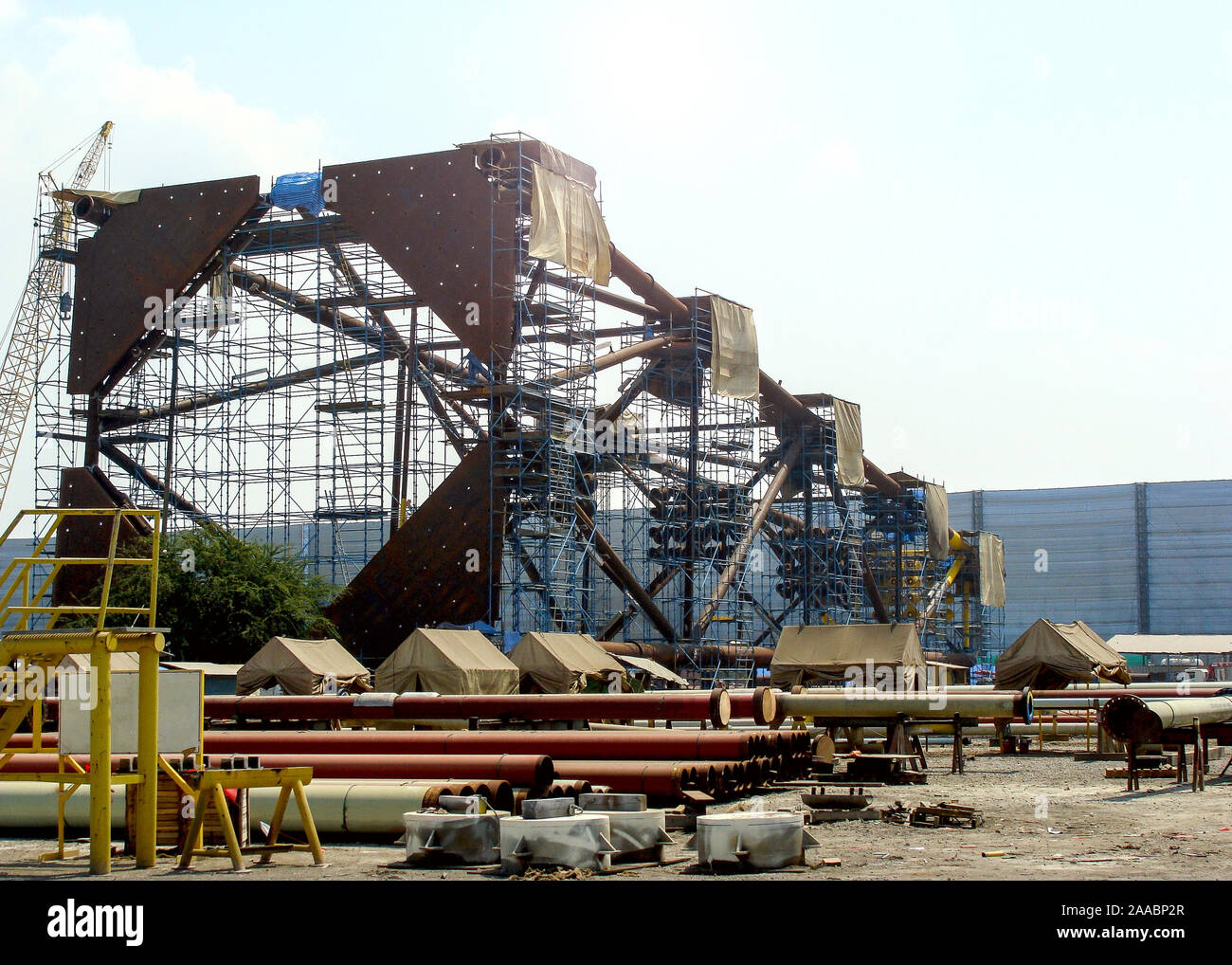 Oil rig platform during construction site in the harbor yard and ...