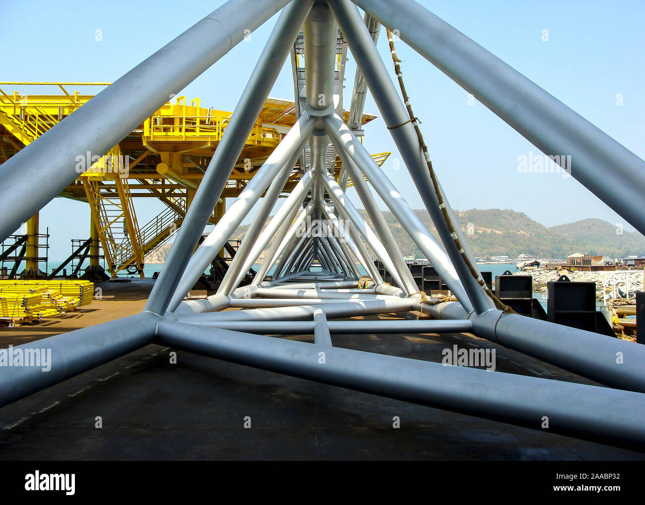 Oil rig platform during construction site in the harbor yard and ...