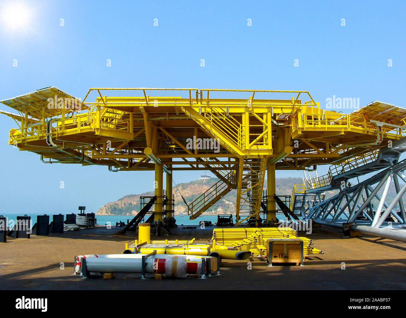 Offshore oil rig platform during construction site in the harbor yard ...