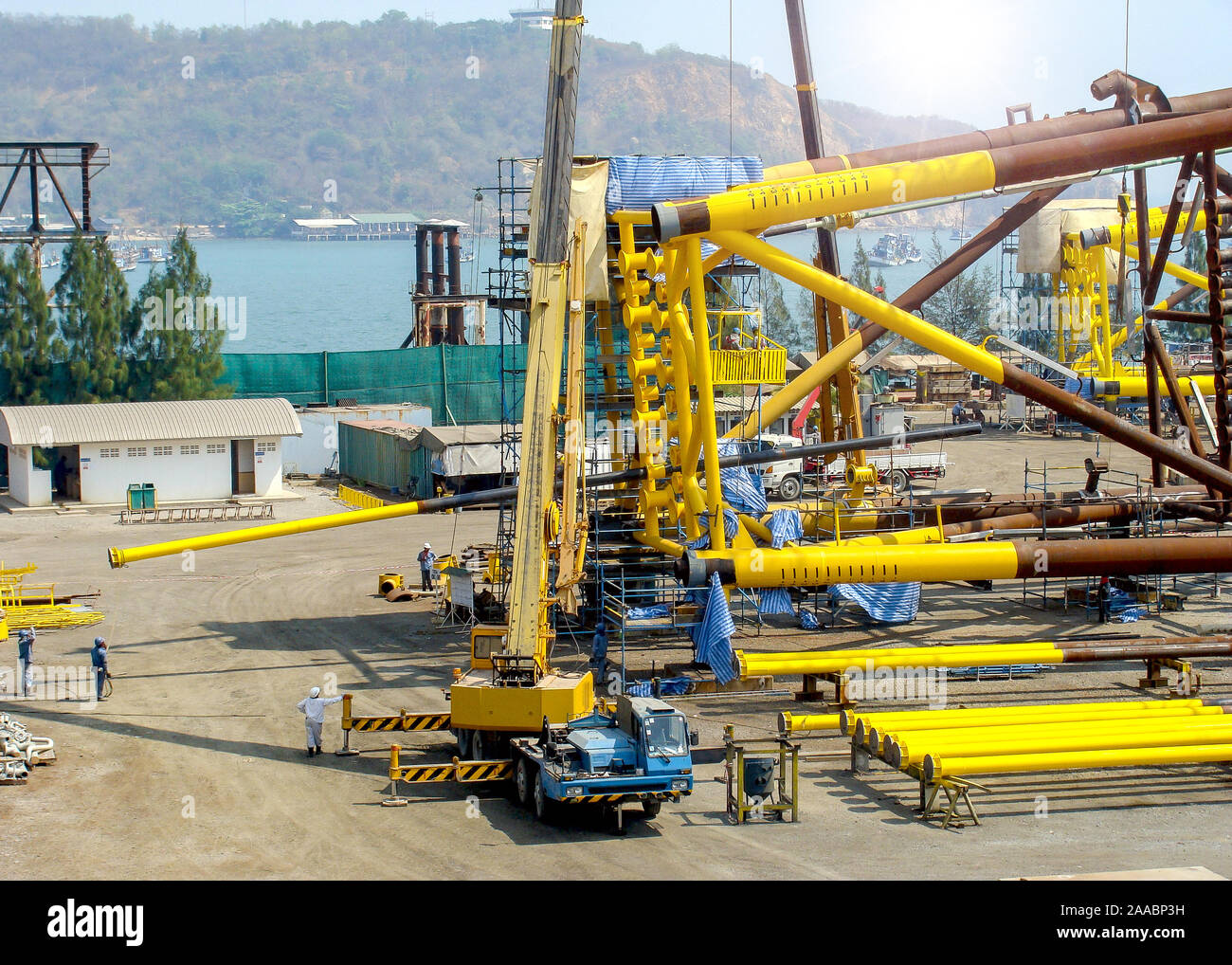 Oil rig platform during construction site in the harbor yard and ...