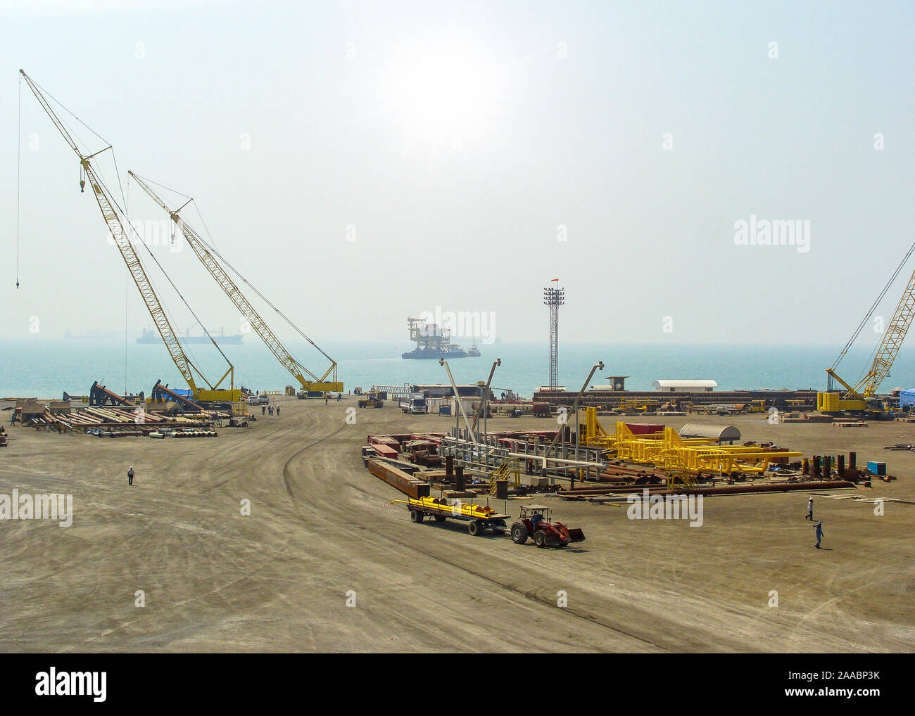 Offshore oil rig platform during construction site in the harbor yard ...