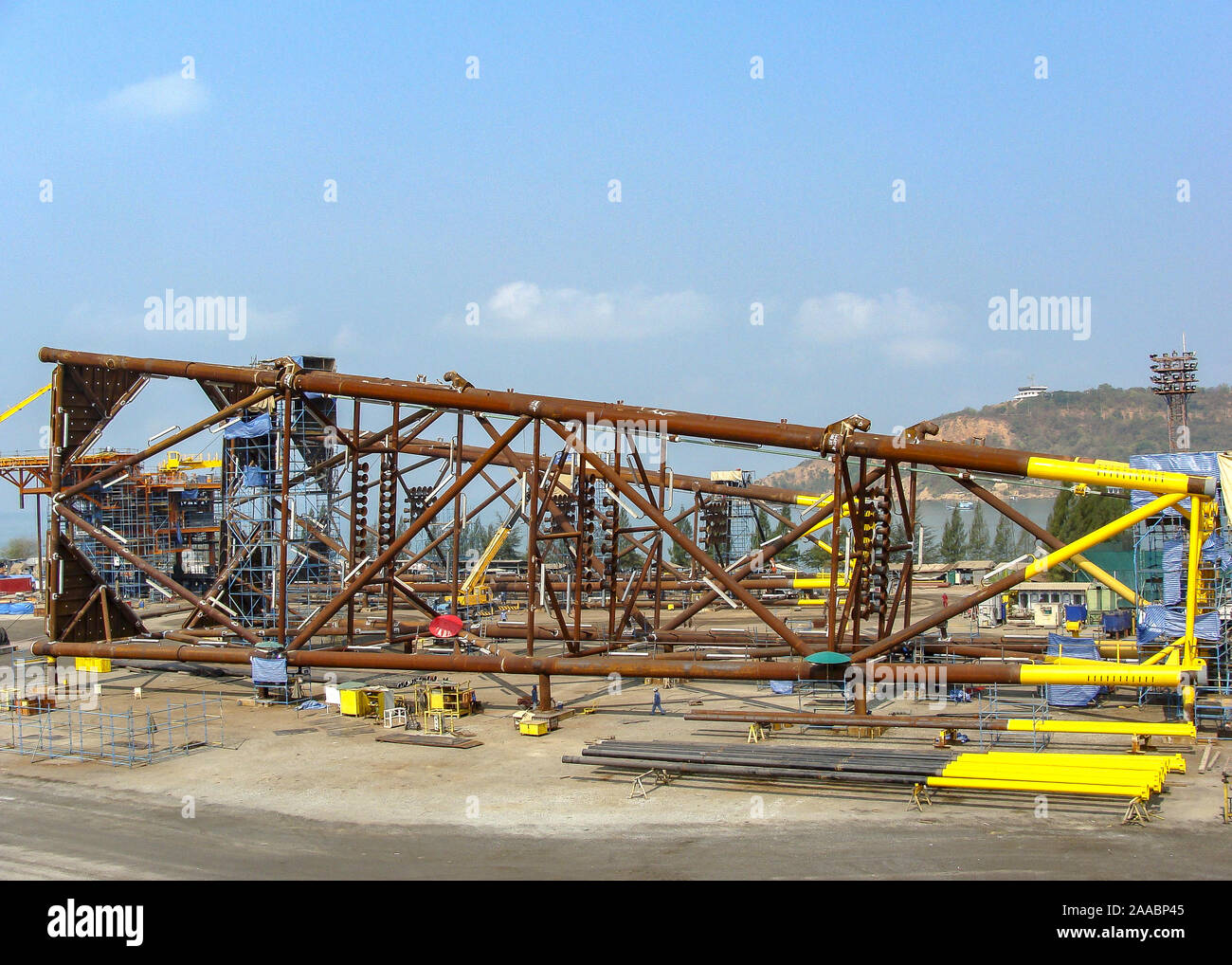 Oil rig platform during construction site in the harbor yard and ...