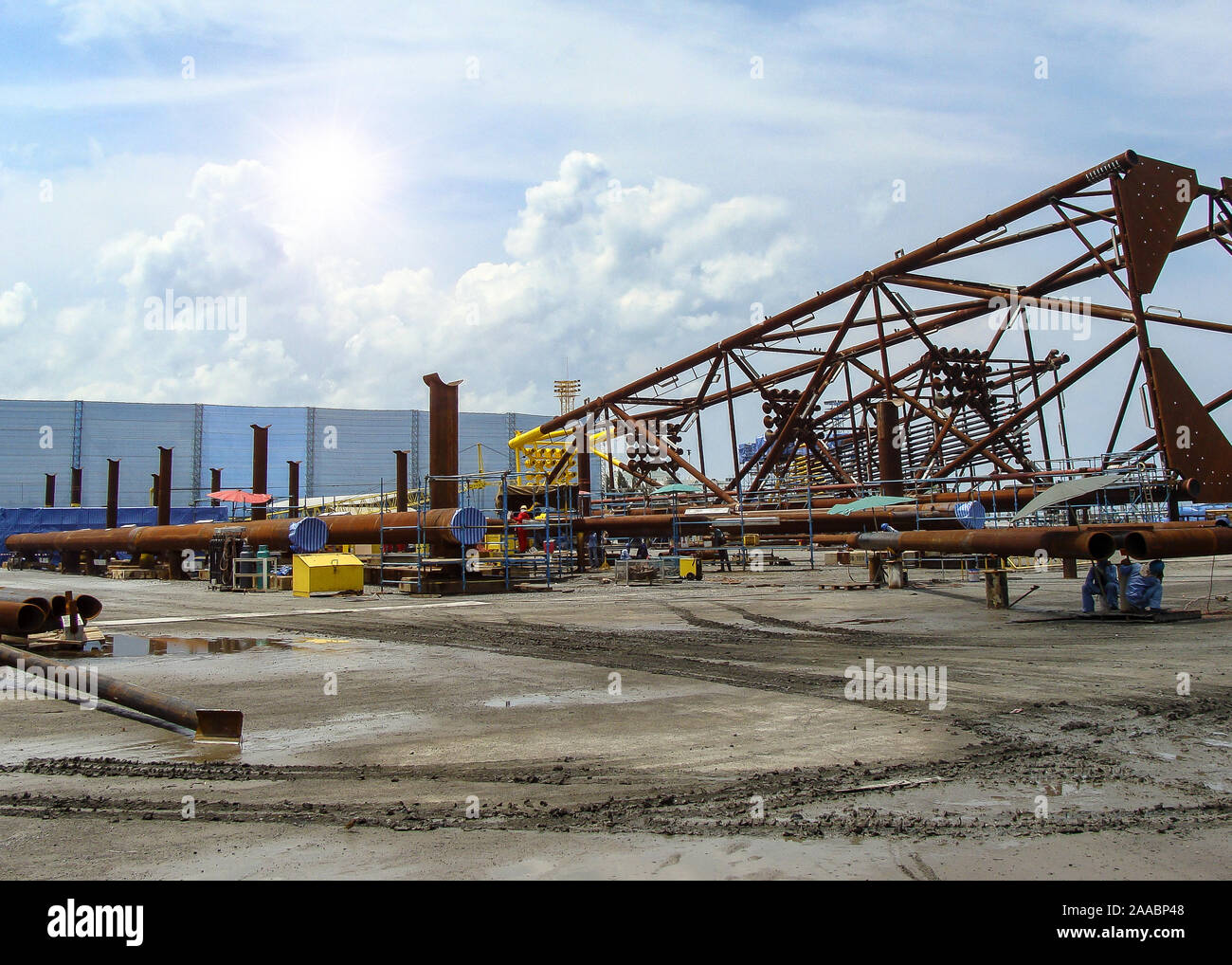 Oil rig platform during construction site in the harbor yard and ...