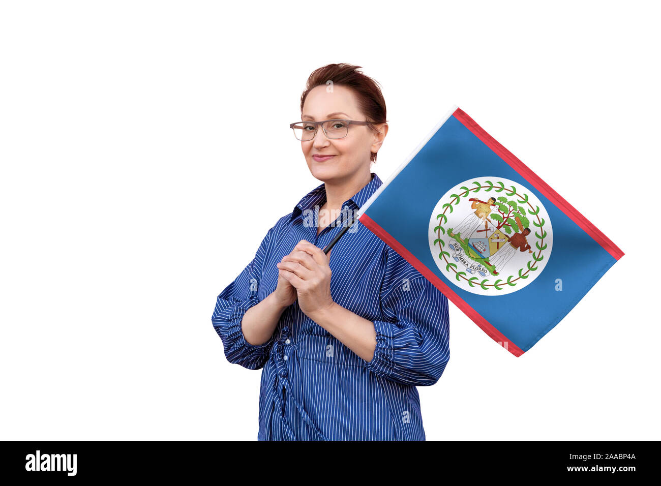 Belize flag. Woman holding Belize flag. Nice portrait of middle aged ...