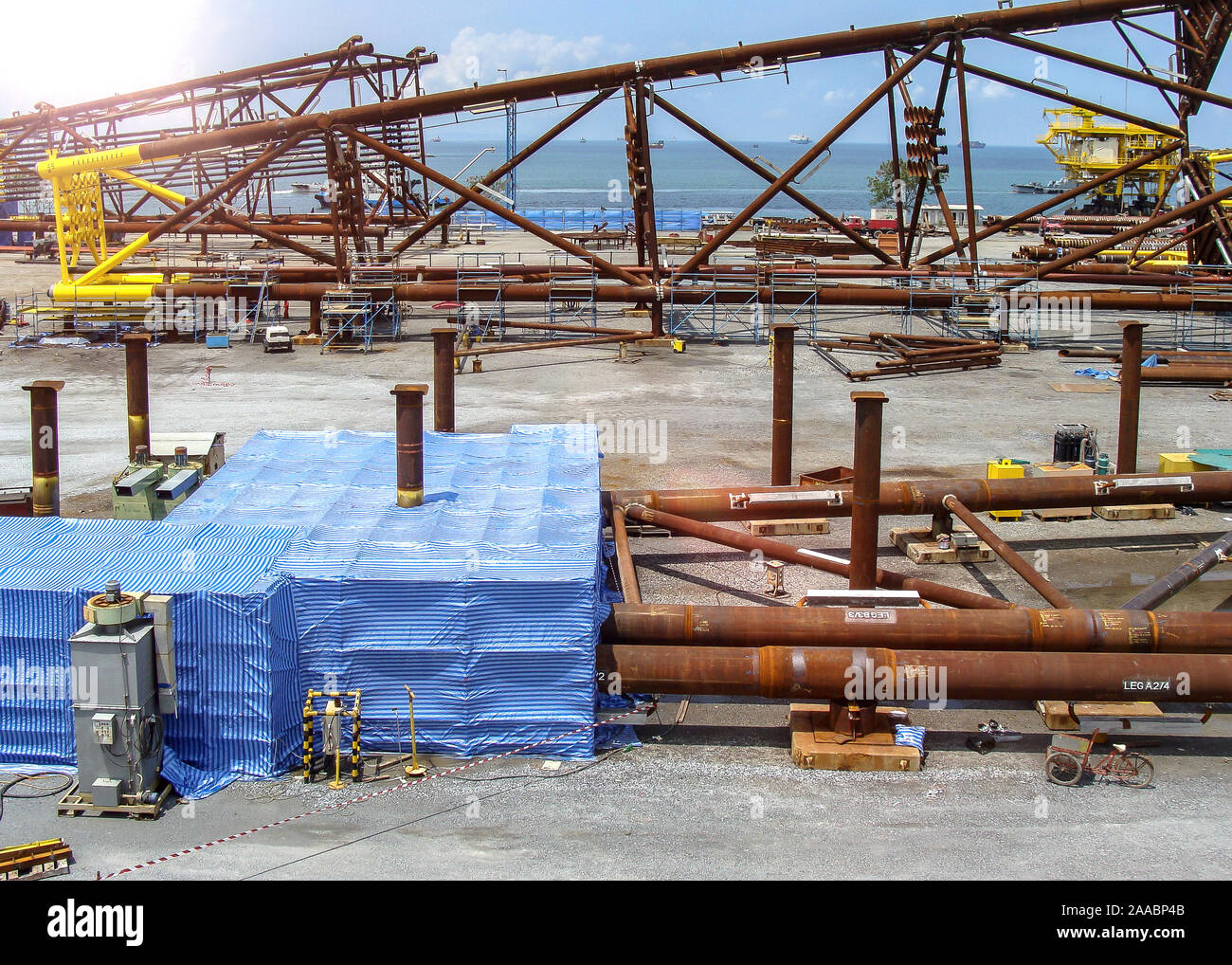 Oil rig platform during construction site in the harbor yard and ...