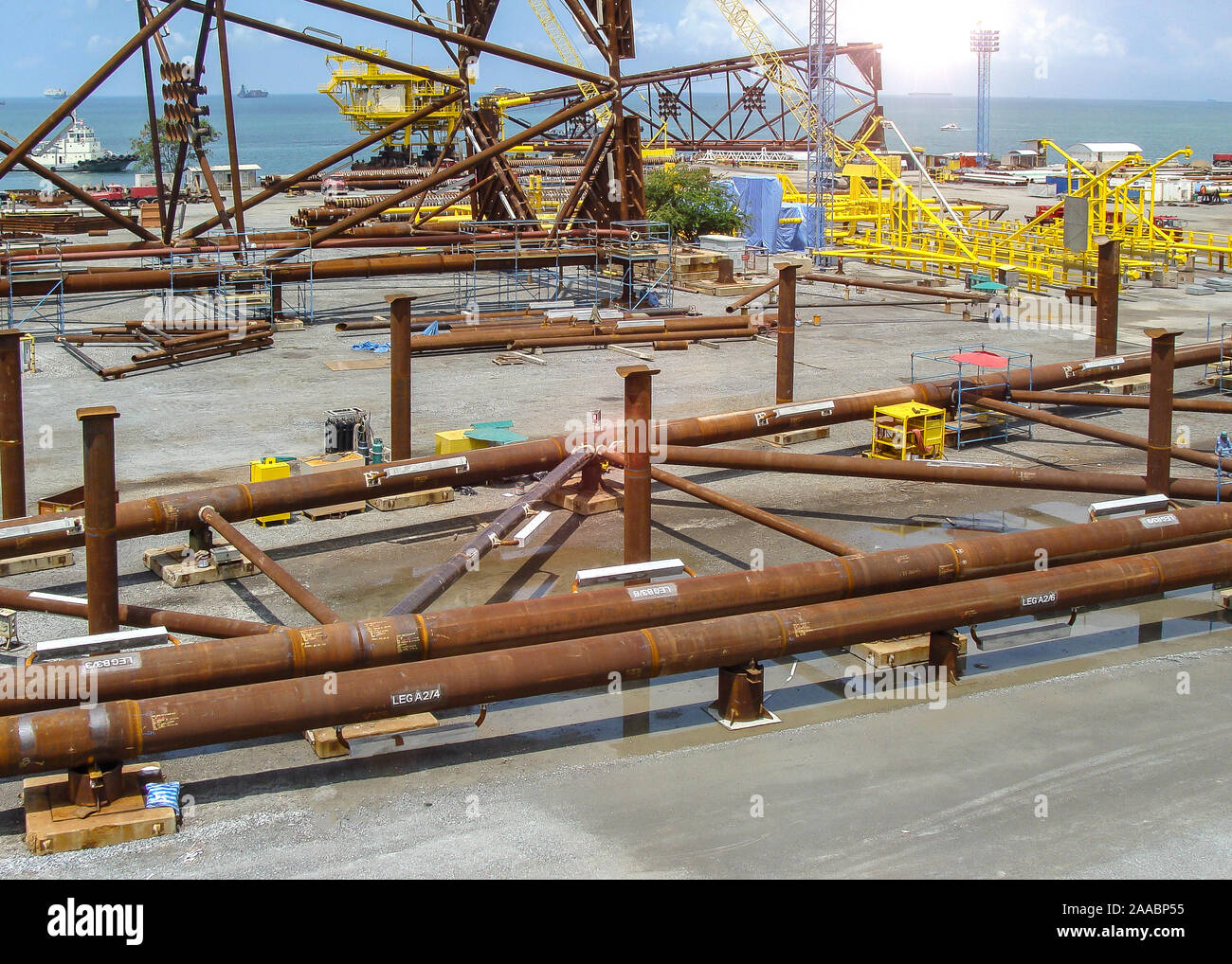 Oil rig platform during construction site in the harbor yard and ...