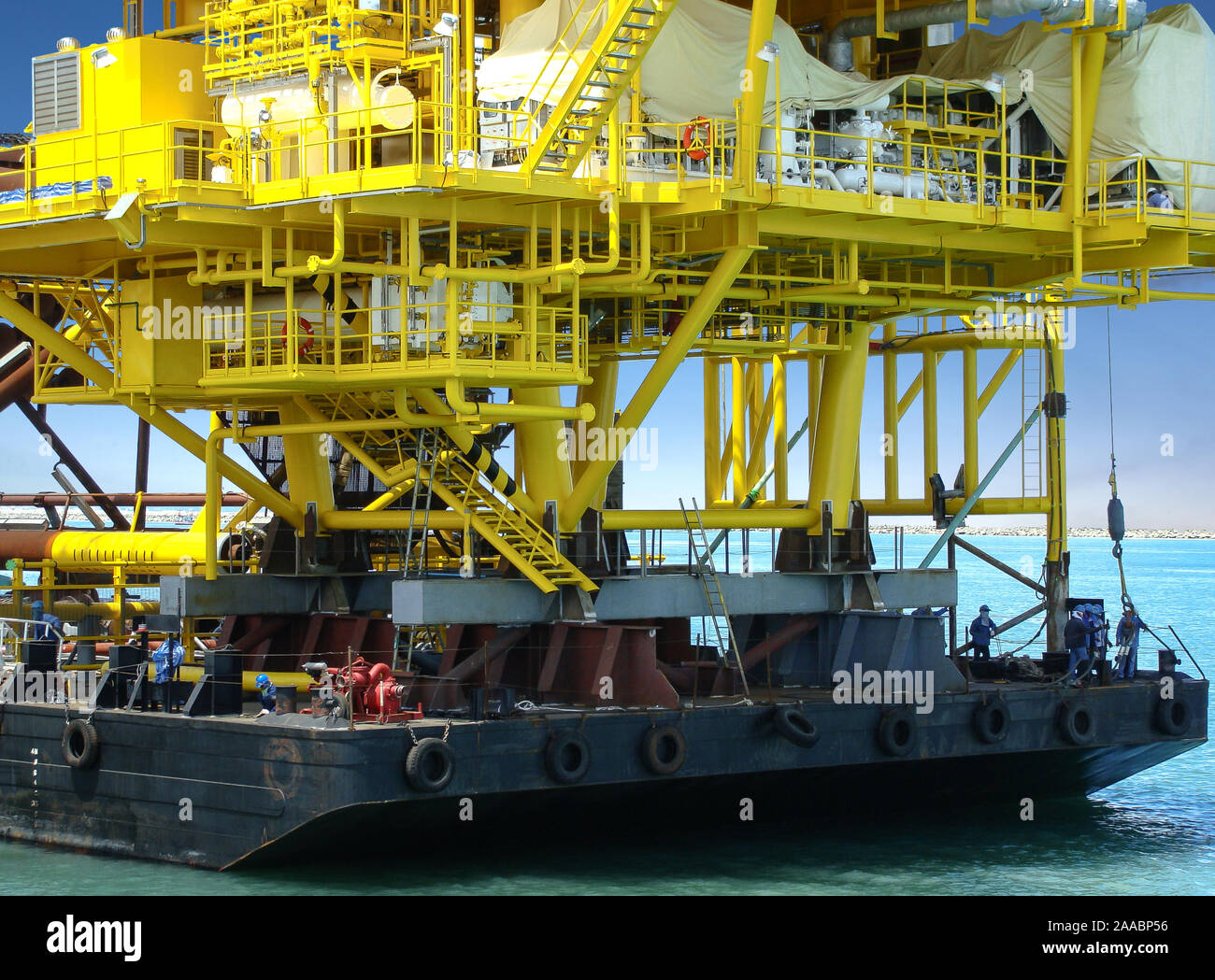 Offshore oil rig platform during construction site in the harbor yard ...