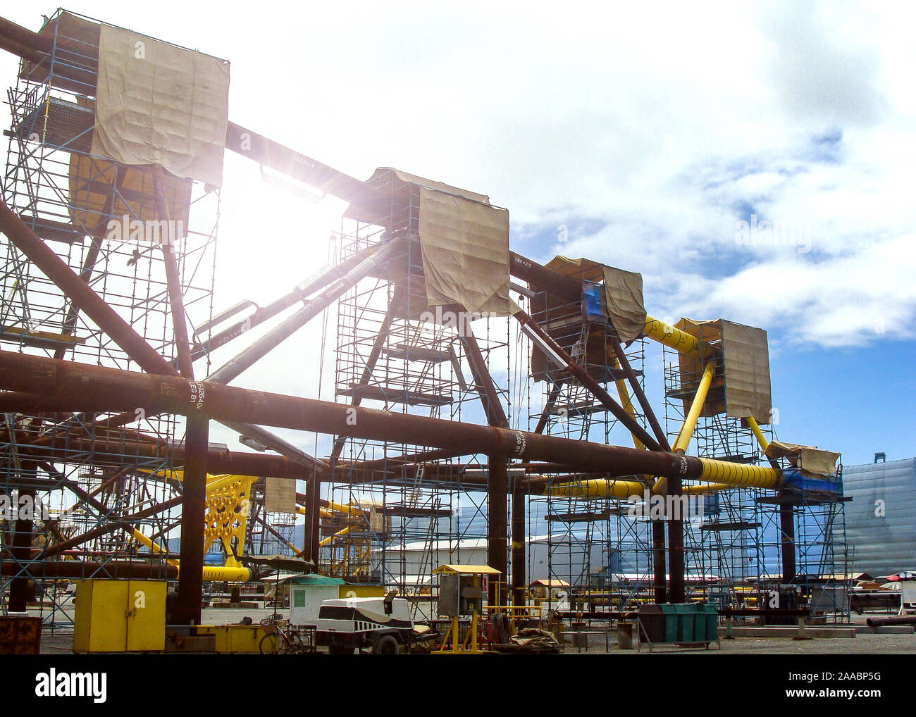 Oil rig platform during construction site in the harbor yard and ...