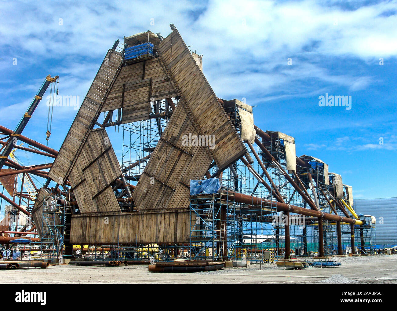 Oil rig platform during construction site in the harbor yard and ...