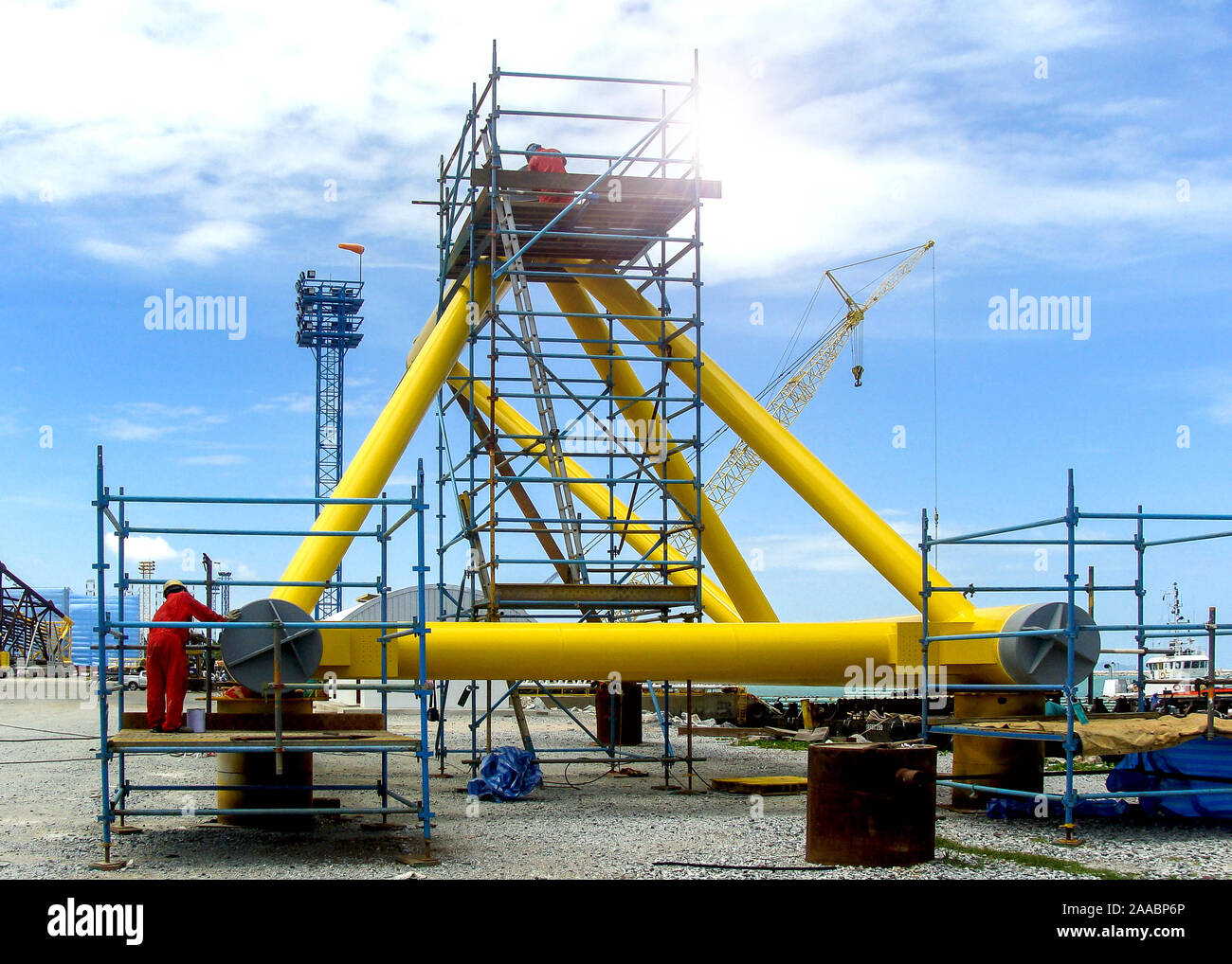 Oil rig platform during construction site in the harbor yard and ...