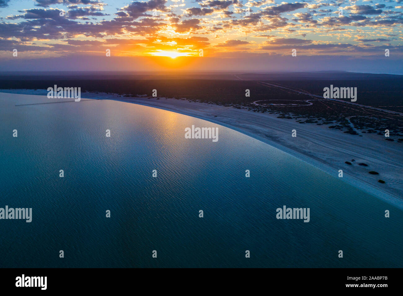 Aerial view of Shell Beach world heritage area at sunrise, Peron ...