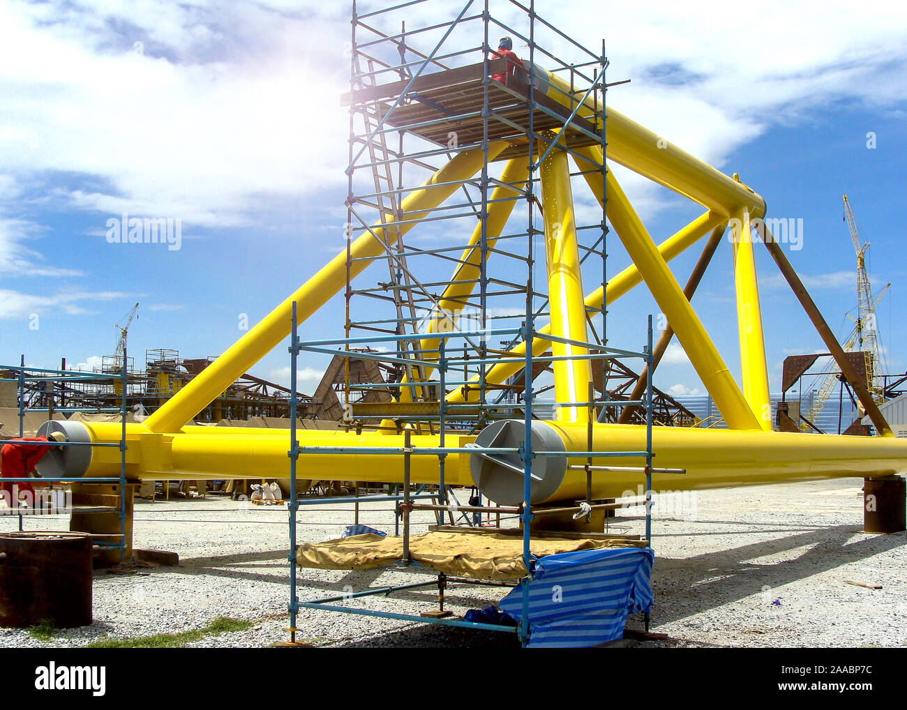 Oil rig platform during construction site in the harbor yard and ...
