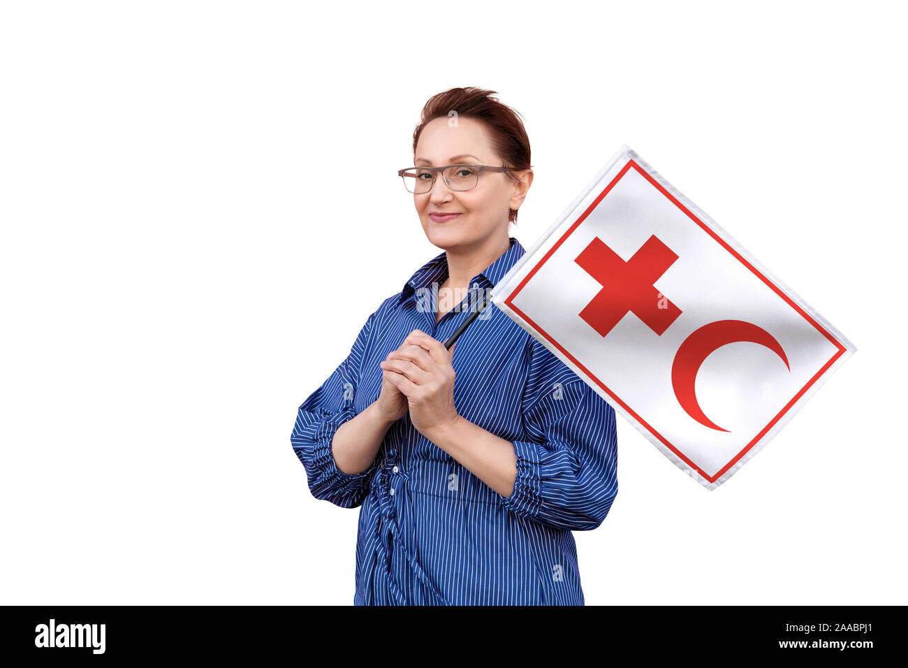 IFRC Red Cross flag. Nice portrait of middle aged lady 40 50 years old ...