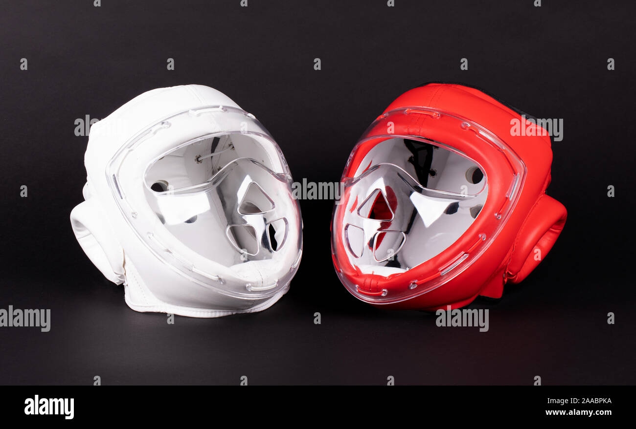 Boxing helmets, modern headgear isolated on black Stock Photo - Alamy