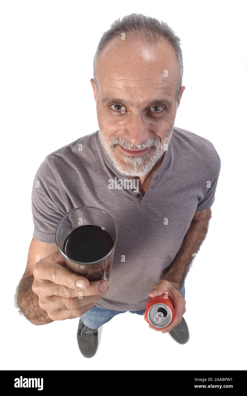 man with a glass of cola soda on white background Stock Photo - Alamy