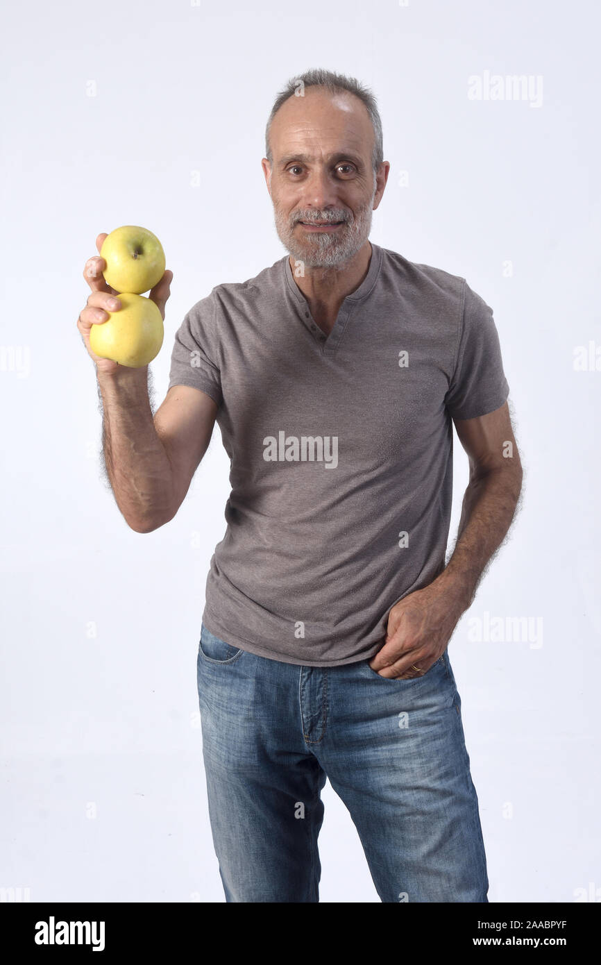 man with Apple on white background Stock Photo - Alamy