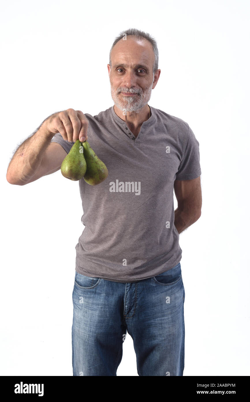 man with pear on white background Stock Photo - Alamy