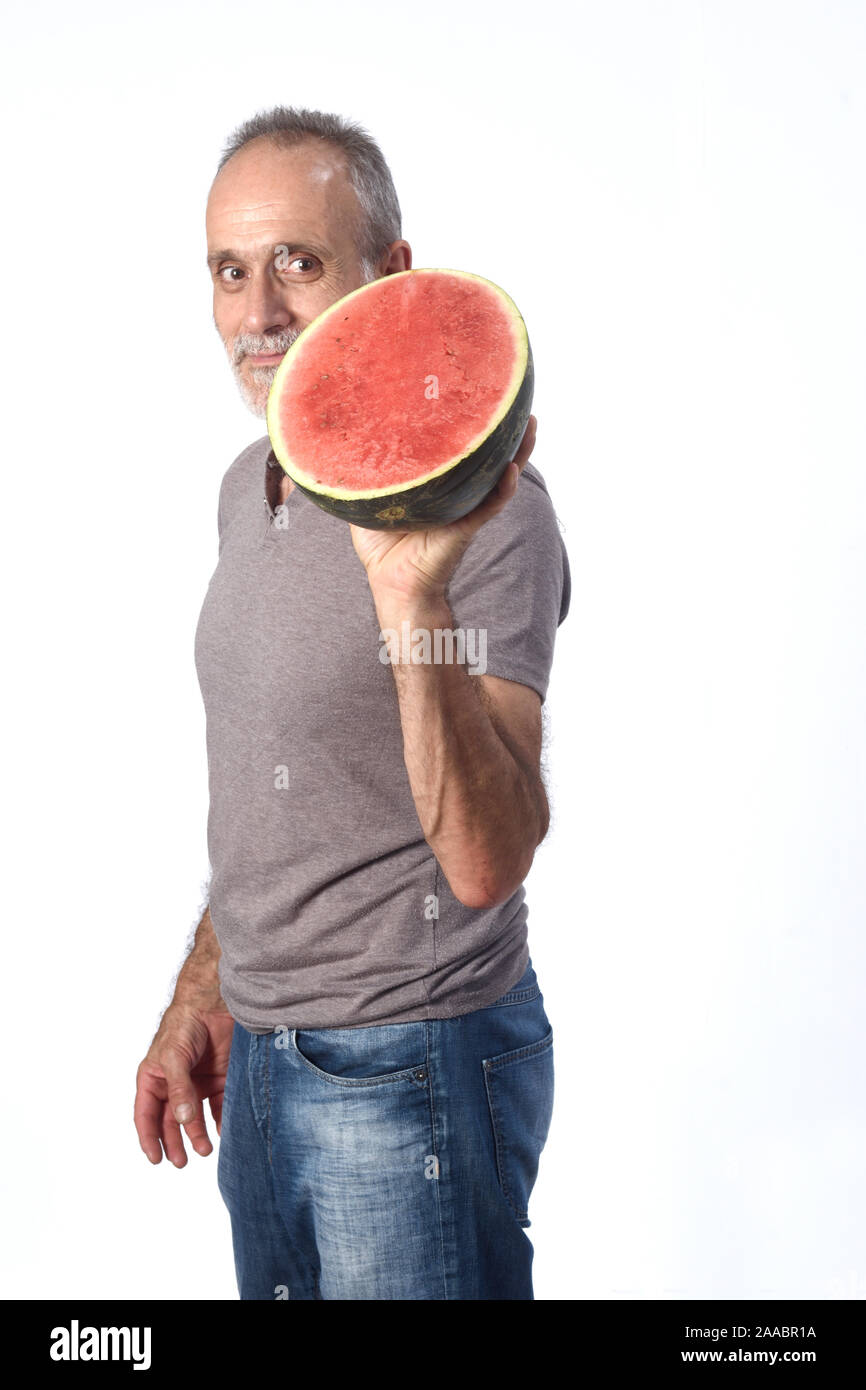 man with watermelon on white background Stock Photo - Alamy