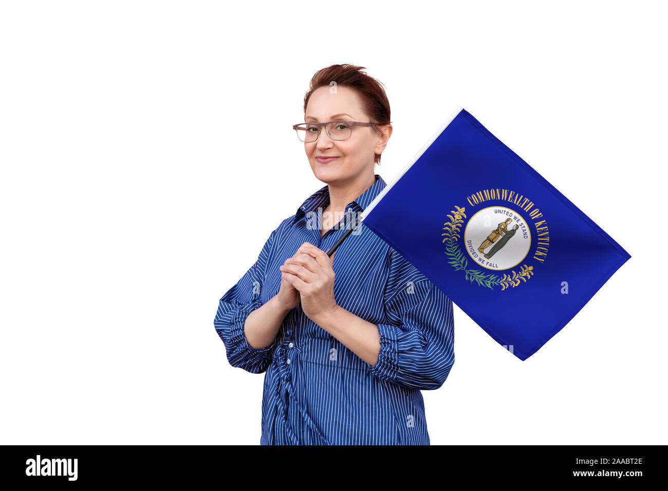 Kentucky flag. Woman holding Kentucky flag. Nice portrait of middle ...