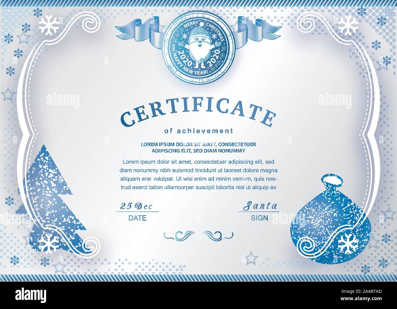 Christmas white certificate with Santa Claus. Winter frozen background ...