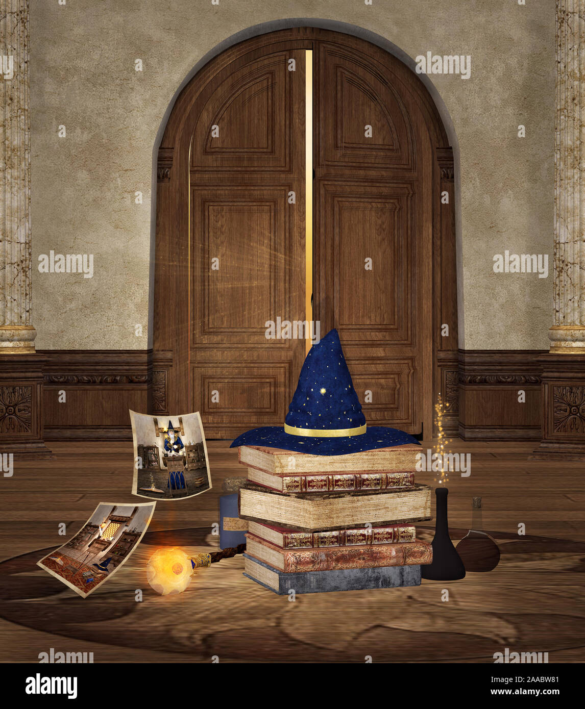 Wizard hat and ritual objects in an old alchemical room Stock Photo - Alamy