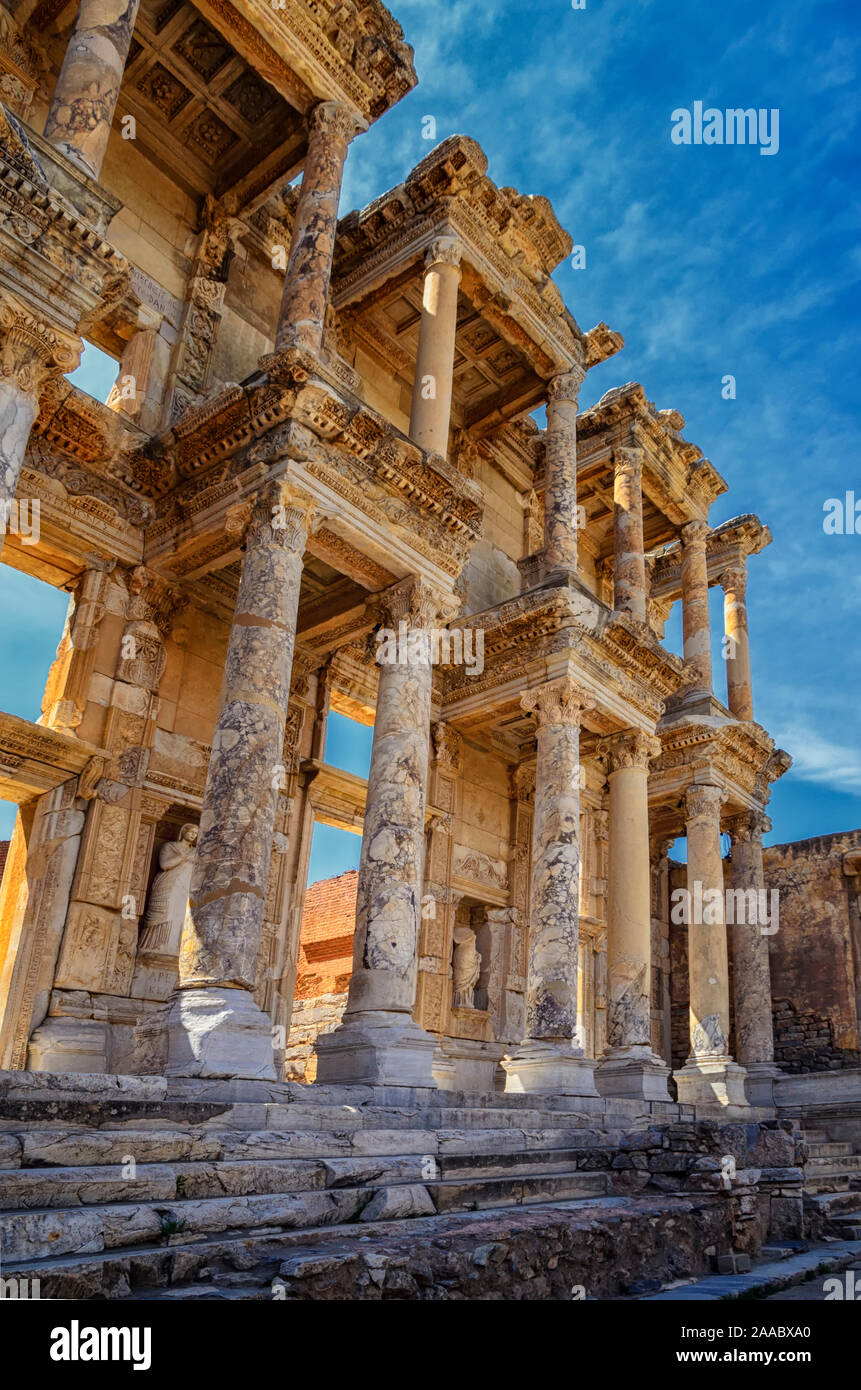 The front facade and courtyard of the Library of Celsus at Ephesus is ...
