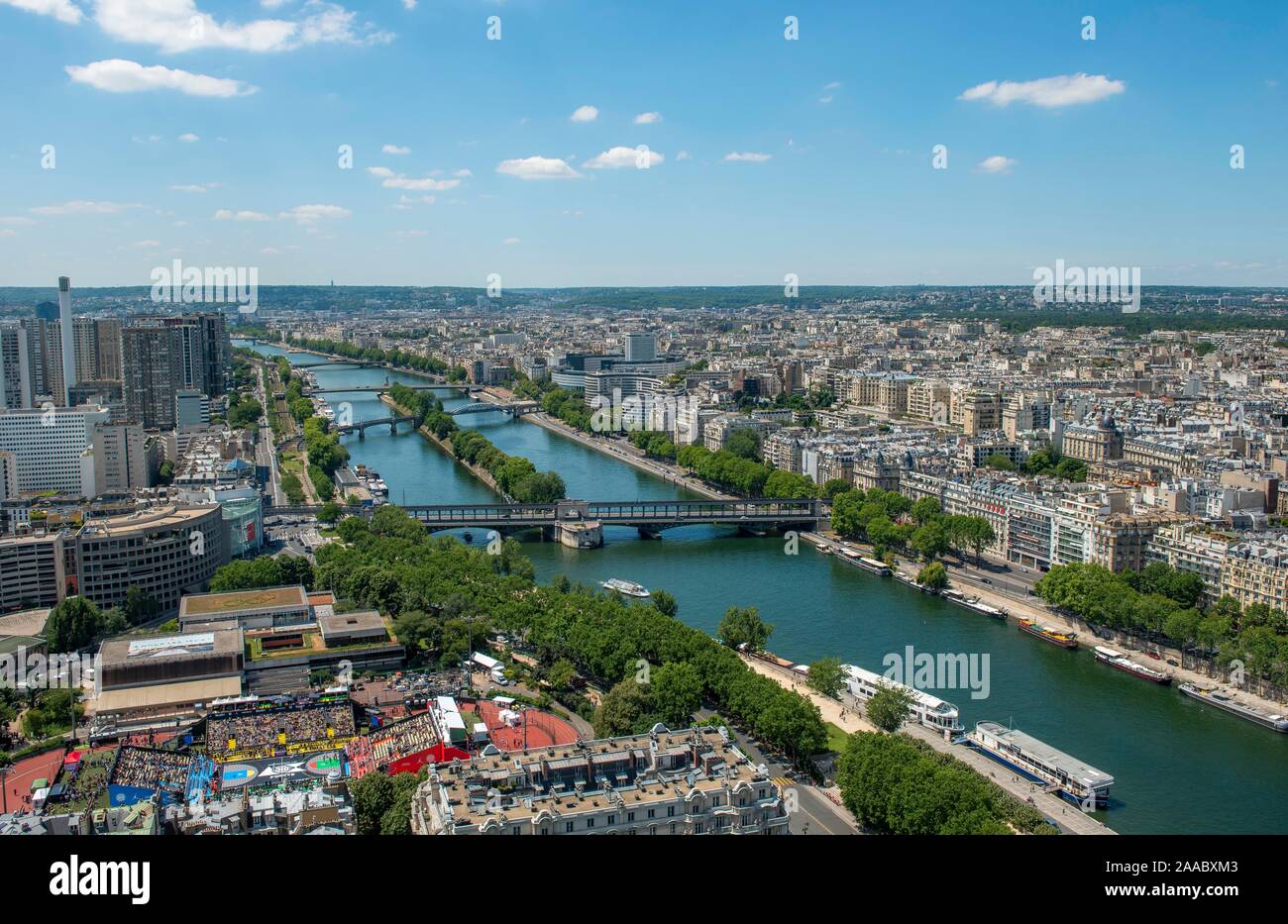 City view with river Seine and bridges, view from the Eiffel Tower ...