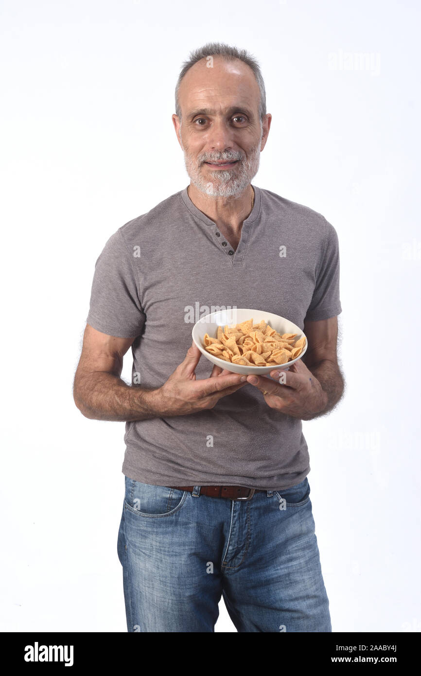 Man With Snacks On White Background Stock Photo Alamy