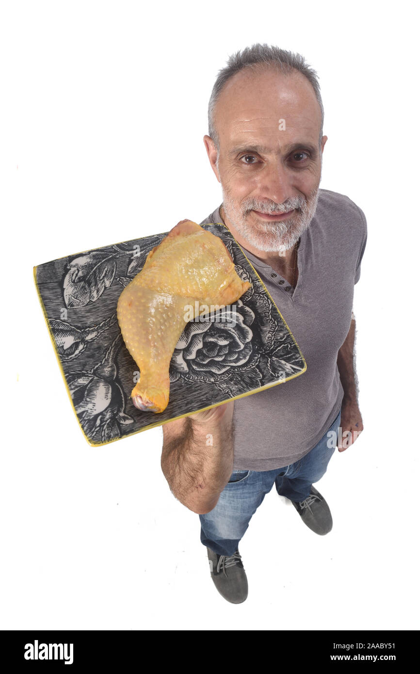 man with chicken meat on white background Stock Photo - Alamy